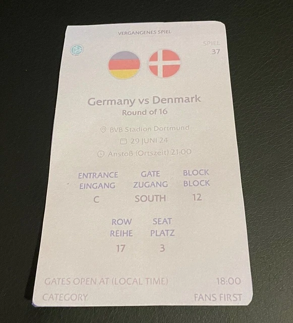 SAMMLERTICKET UEFA EM 2024 Deutschland - Dänemark 29.06.2024 Ausdruck ...
