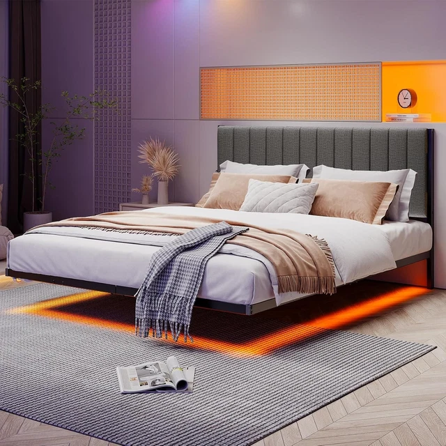 DOUBLE BED FRAME Floating Bed Frame with LED Lights and Charging ...