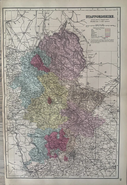 1883 STAFFORDSHIRE HAND Coloured Original Antique County Map by G.W ...