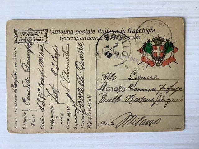 WW1 CARTOLINA POSTALE Militare 167 Paullo Marzano Lodigiano Milano 1918 ...