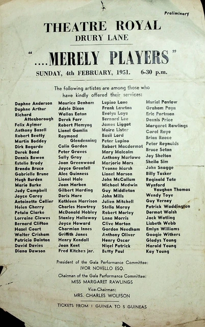 MERELY PLAYERS FLYER 1951 Theatre Royal Drury Lane programme Gala ...