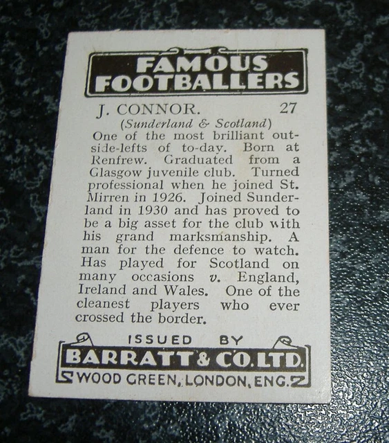 BARRATT - FAMOUS Footballers 1937 No27 - J. Connor, Sunderland ...