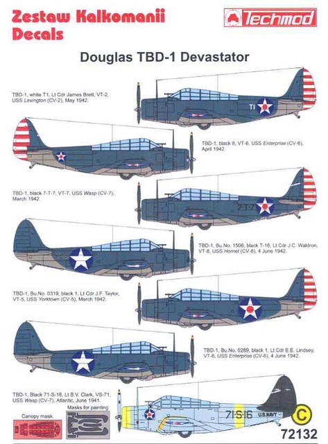 TECHMOD DECALS 1/72 DOUGLAS TBD-1 DEVASTATOR Torpedo Bomber w/Masks £7. ...