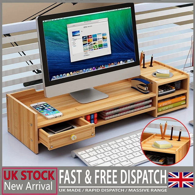 WOODEN OFFICE DESK Desktop Computer Monitor Stand Pen Storage Holder ...