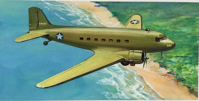 ORIGINAL RICHARD WARD Painting of an Allied World War II Douglas C-47 ...
