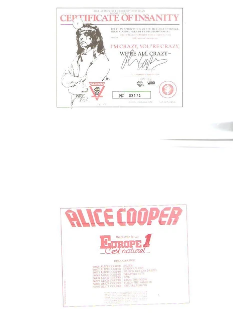 ALICE COOPER*CERTIFICATE OF Insanity*Rare French*Ticket Concert*4/02 ...