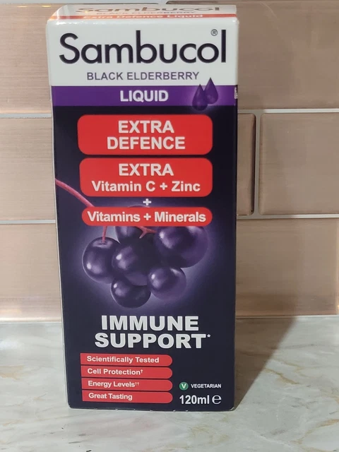 SAMBUCOL BLACK ELDERBERRY Liquid Extra Defence Vitamins C Zinc Immune ...