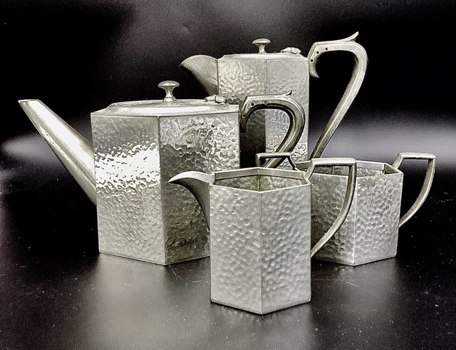ANTIQUE HEXAGONAL 1920S/30S Art Deco English Hammered Pewter Tea ...