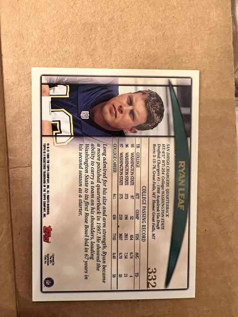 RYAN LEAF 1998 Topps Draft Picks #332 recrue RC San Diego Chargers NFL ...