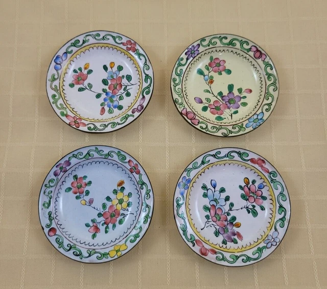 SET OF FOUR Chinese Export Canton Enamel on metal Floral mini plates £ ...