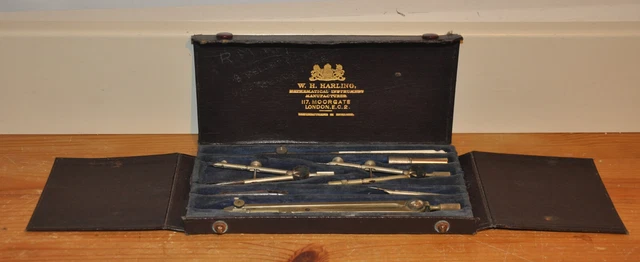 VINTAGE W. H Harling London Mathematical Instruments Set Brown Case £14 ...