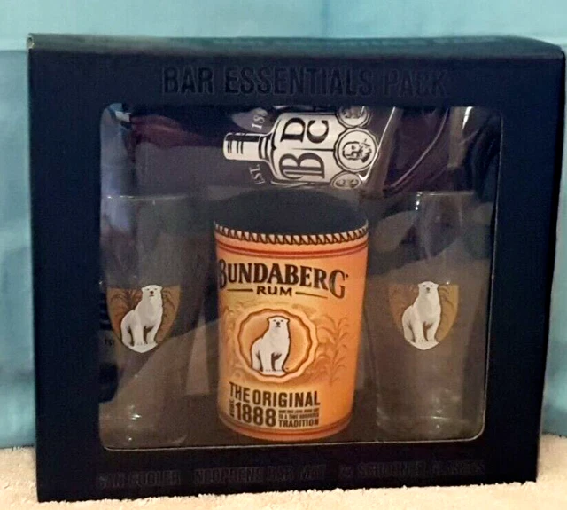 BOXED BUNDABERG RUM BAR ESSENTIALS PACK cooler bar mat 2 x schooner ...