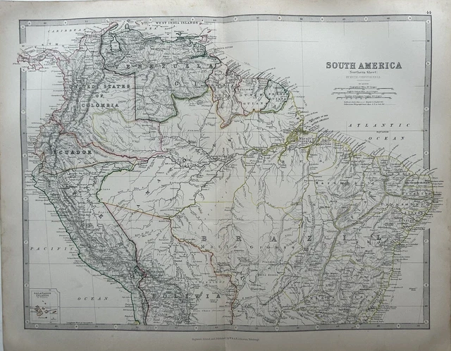 1884 SOUTH AMERICA, North Part Hand Coloured Original Antique Map by ...