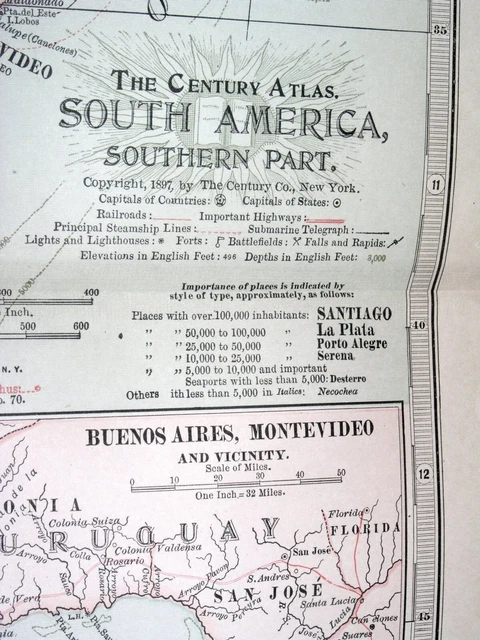 1897 ANTIQUE DATED Map Of Argentina Chile Brazil Uruguay Falklands ...