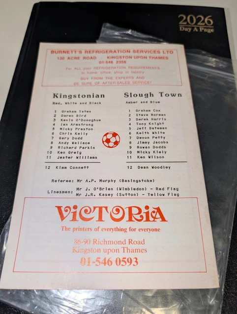 KINGSTONIAN V SLOUGH Town FA CUp Qualifying Round Programme 1985 MINT ...