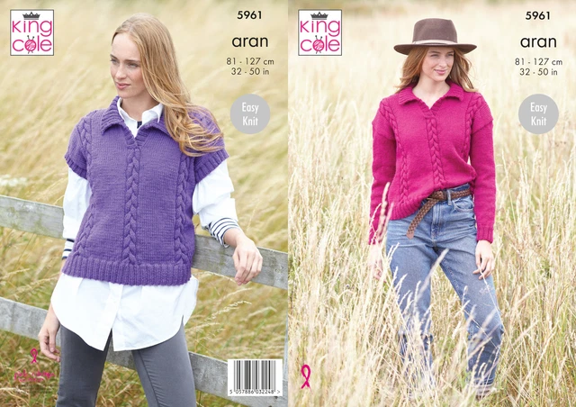 KING COLE ARAN Knitting Pattern Ladies Cable Knit Sweater & Tank Top ...