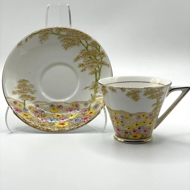 ROYAL MAYFAIR VINTAGE Daisy Field Flat Tea Cup Saucer Set Bone China ...