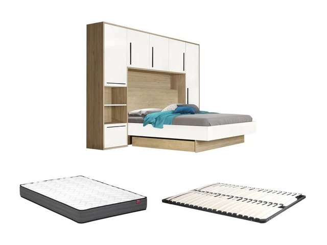 LIT PONT 140 x 190 cm avec rangements - Coloris : Naturel et blanc ...