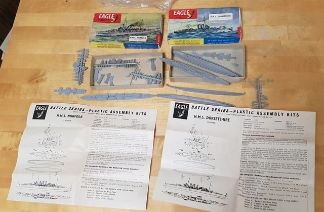2 X VINTAGE eagle ship model kit boxes HMS Norfolk + Dorsetshire ...