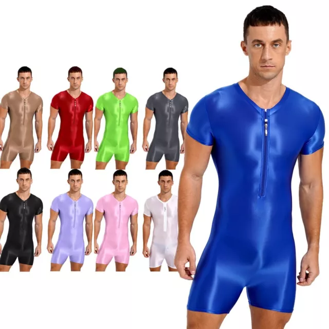 Mens One Piece Glossy Bodysuit Jumpsuit Short Sleeve Zipper Leotard