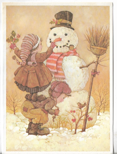 VTG CHRISTMAS GREETING Card 5x7 Snowman w/Broom Children Carrot Nose ...