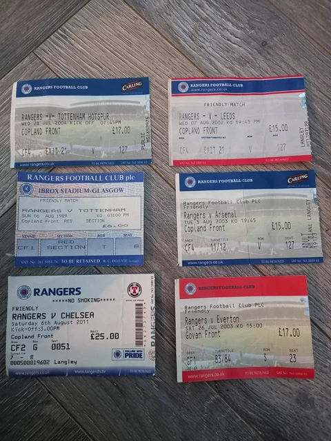 SET OF 6 Rangers Friendly Tickets v English Teams (Spurs, Arsenal ...