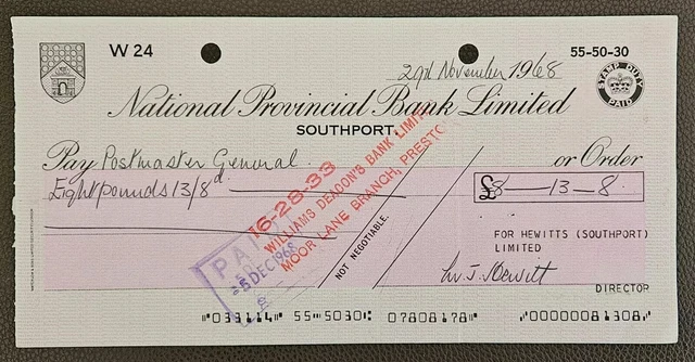 1968 NATIONAL PROVINCIAL Bank Southport Cheque for Hewitts (Southport ...