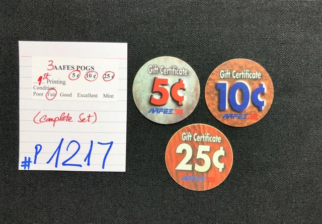 AAFES POGS, 1ÈRE série/impression, 3 POGS, 5c, 10c, 25 ¢, ENSEMBLE ...