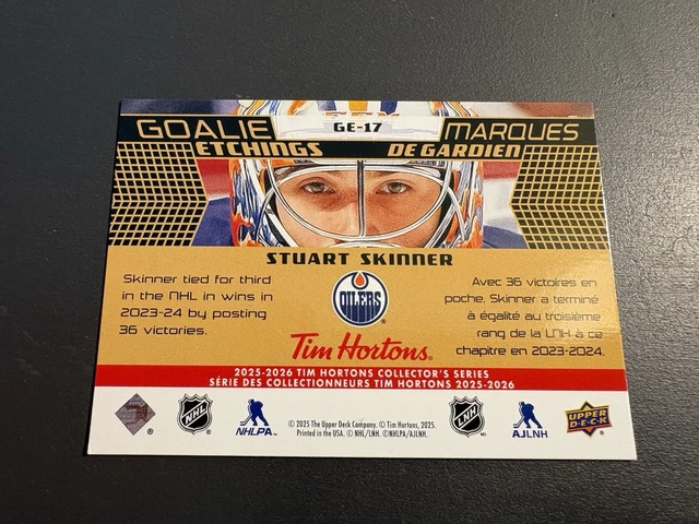 2025/26 UPPERDECK TIM Hortons Goalie Etchings Stuart Skinner #GE-17 ...