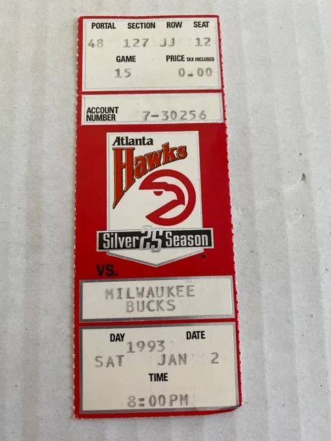 BILLET ATLANTA HAWKS vs Milwaukee Bucks Stub-1/2/93-Omni-Atlanta, GA ...