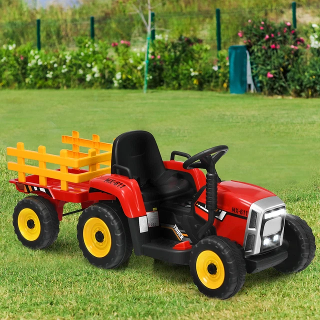 12V KIDS RED Ride On Tractor with Trailer Electric Car Light Music USB ...