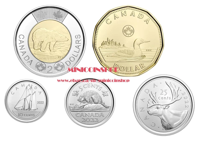 CANADA 2022 5C Nickel 10C Dime 25C Quarter $1 Loonie $2 Toonie 5 Coins ...