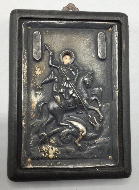 GREEK BIZANTINE RELIGIOUS Icon Pure Silver .950 (Angel Michael Slaying ...