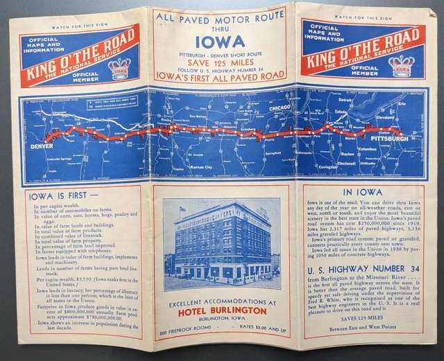 KING O' THE Road 1931 Road Map of Iowa -- Shipping Included £14.92 ...