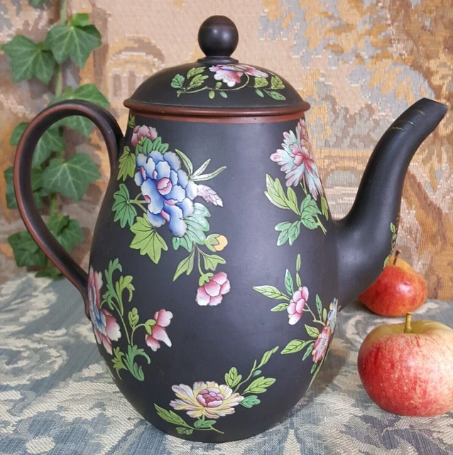 ANTIQUE EARLY WEDGWOOD Black Basalt Capri Ware Flowers Enamel Teapot ...