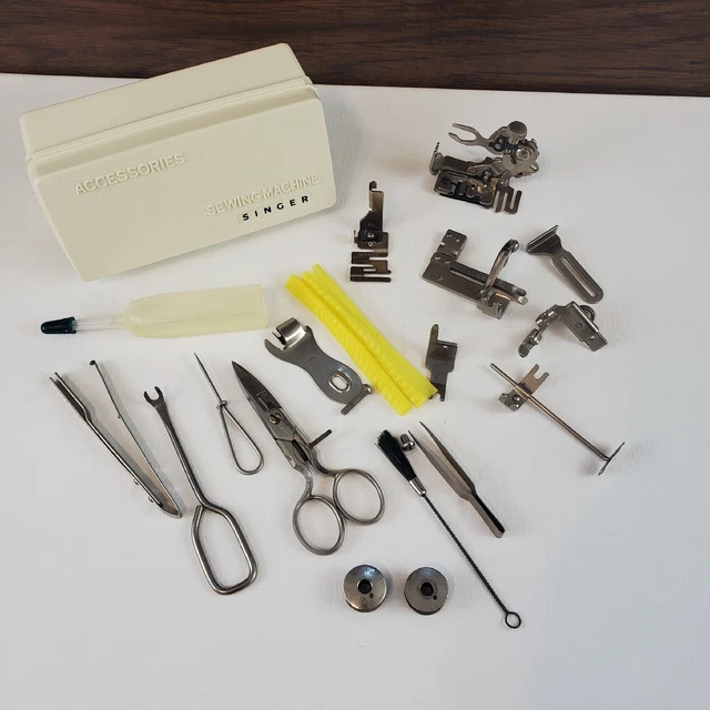 VINTAGE SINGER + Sewing Matching Attachments Feet Tools and Box Mixed ...
