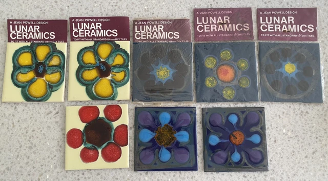 8 VINTAGE LUNAR Ceramics Jean Powell Design Hand Decorated Tiles 60/ 70 ...