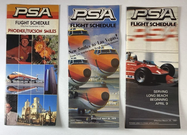 PSA PACIFIC SOUTHWEST Airlines Flight Schedule Timetables 3 Each 1970's ...