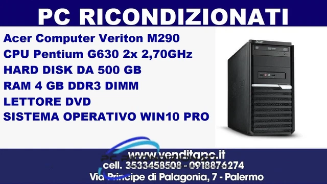PC COMPUTER FISSO Acer Veriton M290 CPU Pentium G630 RAM 4 Gb HARD DISK ...