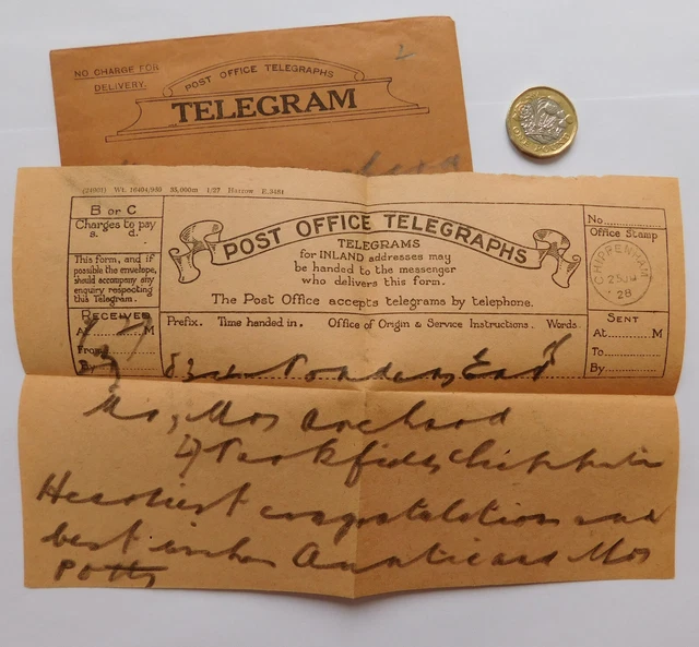 VINTAGE POST OFFICE telegram 1928 wedding congratulations with envelope ...