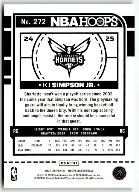 2024-25 PANINI HOOPS NBA No. 272 KJ Simpson Jr. Novato Azul 129/299 EUR ...