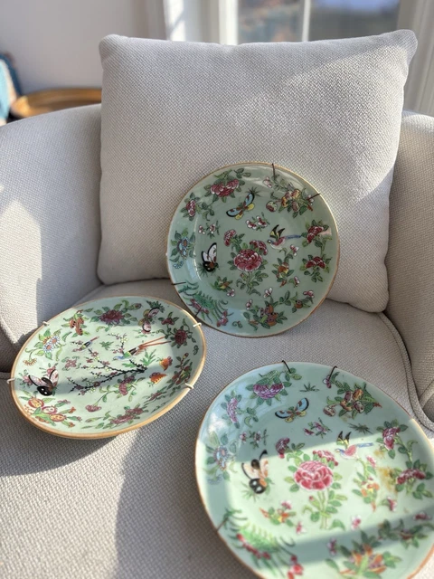 3 ANTIQUE CHINESE Canton Porcelain Celadon Plates Butterfly Flowers ...