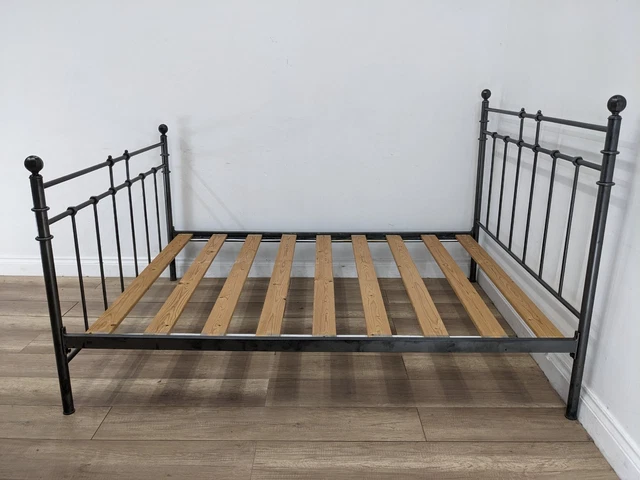 DOUBLE BED FRAME Grey Metal Bannister Headboard Slat Foundation FREE ...
