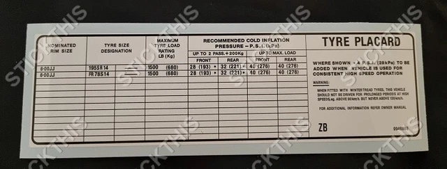 TYRE PLACARD DECAL Sticker - Holden HZ V8 Panelvan or Ute 9946869 (non ...