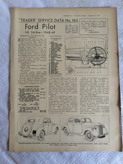 TRADER SERVICE DATA No 165 FORD PILOT V8 3.6 LITRE 1948-9 £2.00 ...