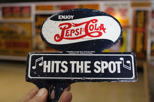 RARE 1950S PEPSI COLA HITS THE SPOT STAMPED PAINTED PLATE TOPPER METAL ...