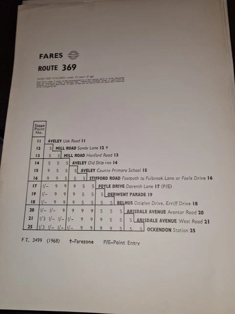 LONDON TRANSPORT BUS RT/RF Conductors Fare Chart Route 369 1968 £12.99 ...