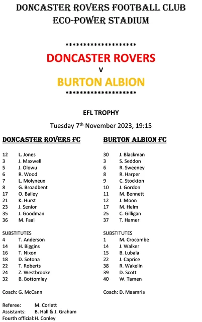 DONCASTER ROVERS V Burton Albion, 7/11/2023, EFL Trophy, Unofficial ... DONCASTER ROVERS V Burton Albion, 7/11/2023, EFL Trophy, Unofficial ...