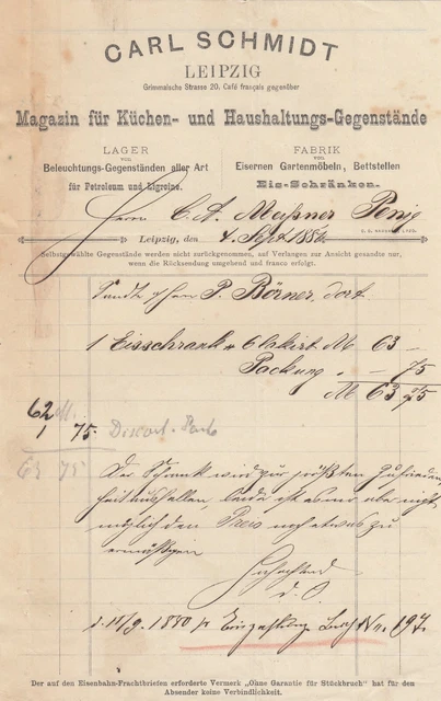 LEIPZIG, RECHNUNG 1880, Carl Schmidt Magazin für Küchen-Haushaltungs ...
