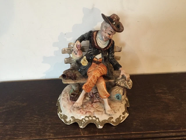 VINTAGE CAPODIMONTE FIGURINE Old Tramp On A Park Bench - Made in Italy ...